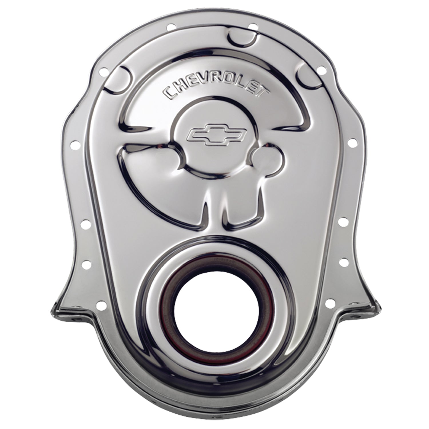 Proform Engine Timing Chain Cover; Chrome; Steel; w/ Chevy and Bowtie ...