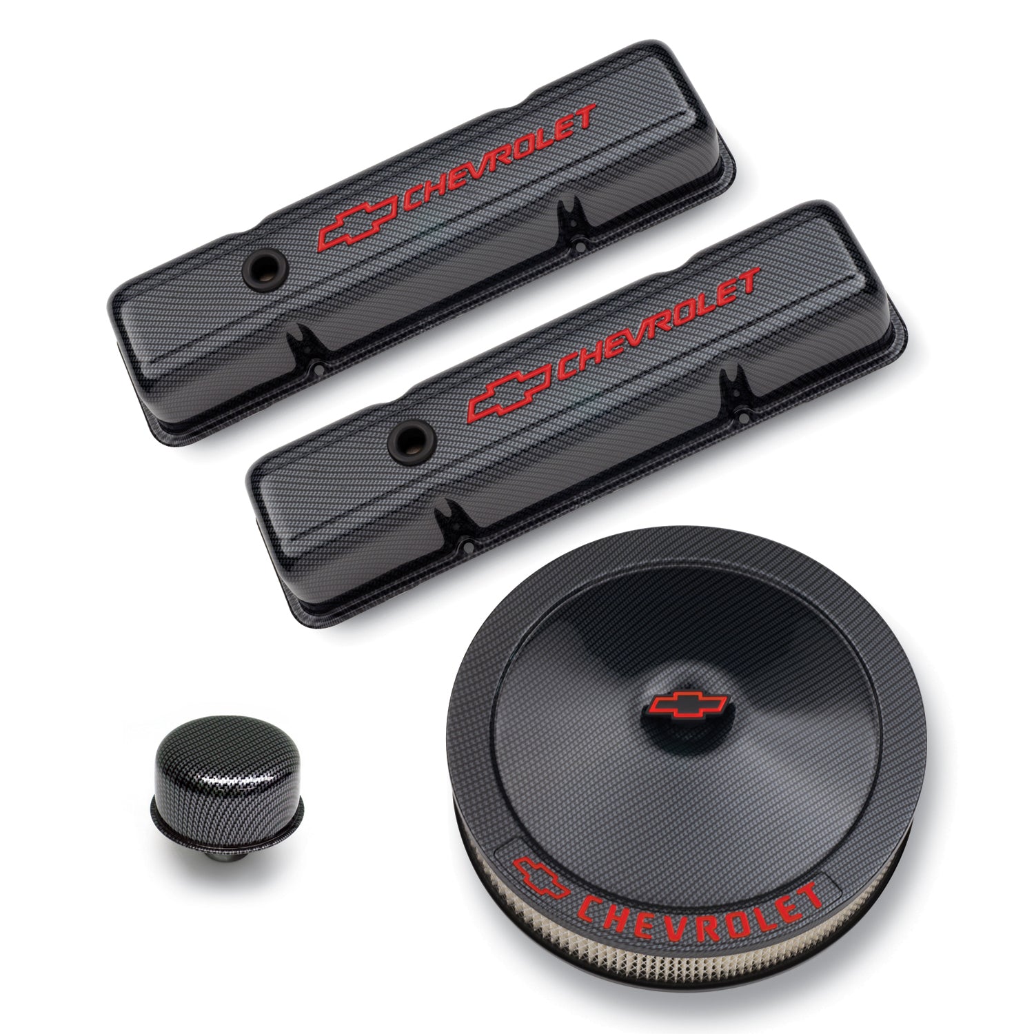 Proform Engine Dress-Up Kit; Black Carbon Finish; Red Bowtie; Red Lett ...